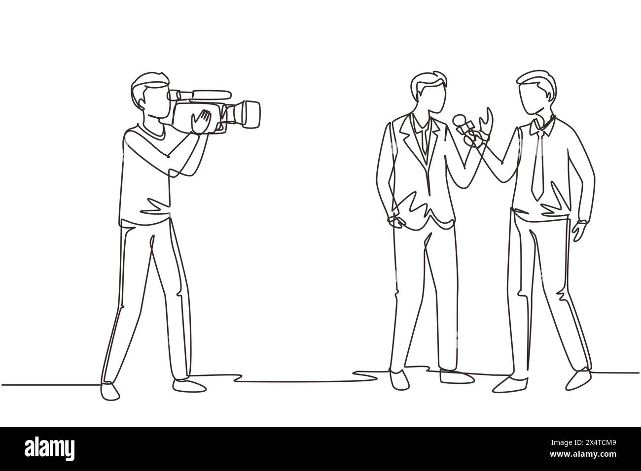 Single one line drawing journalists take interview. TV host or reporter ...