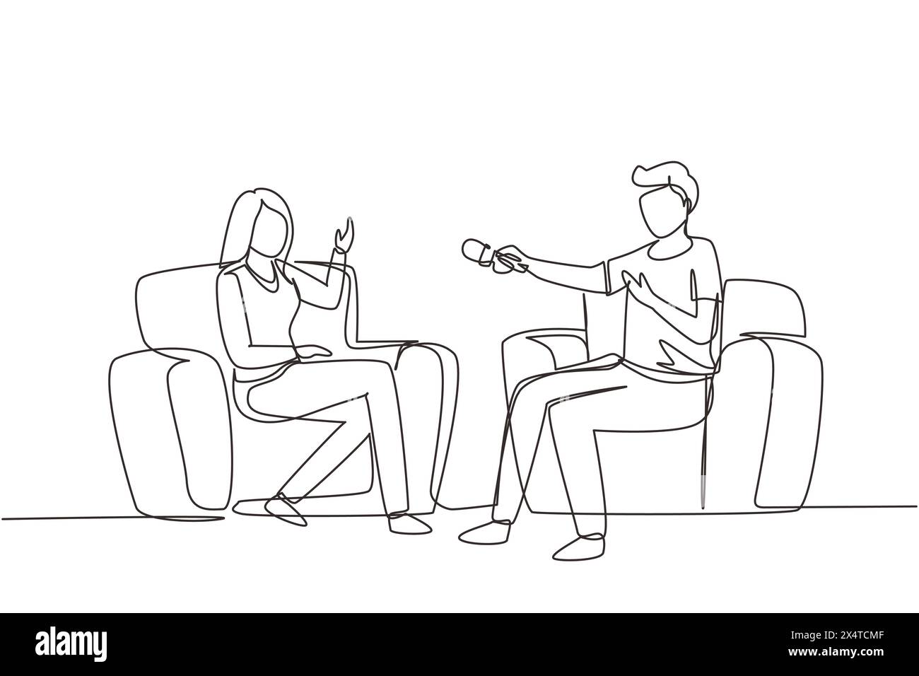 Continuous one line drawing journalistic interview. Coworker ...