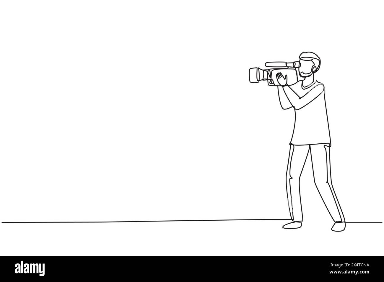 Continuous one line drawing professional camera operator holding big ...