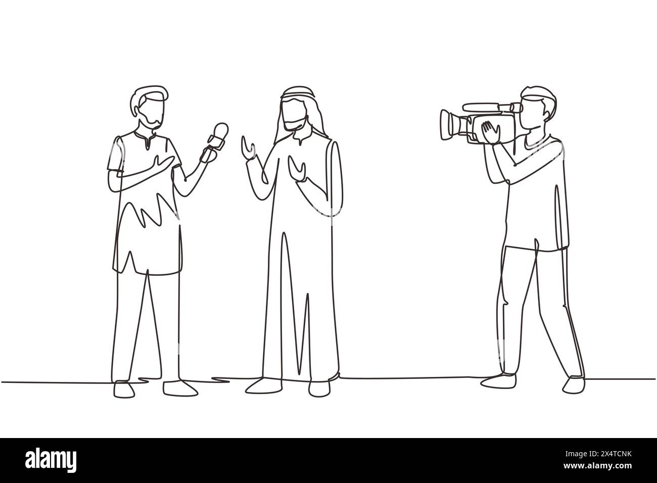 Single continuous line drawing Arab journalists take interview. TV host ...