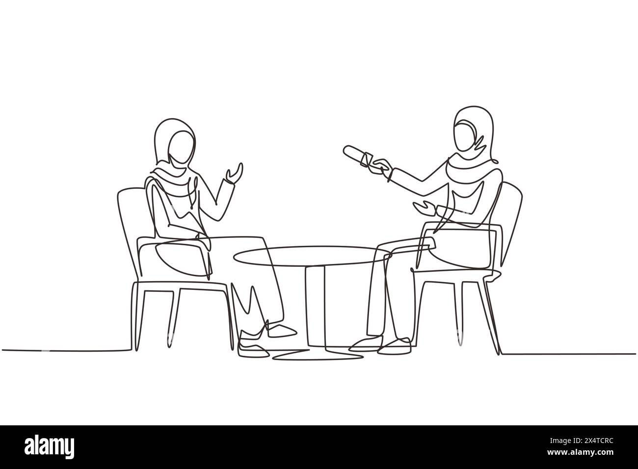 Single one line drawing talk show studio with interviewing, discussing ...