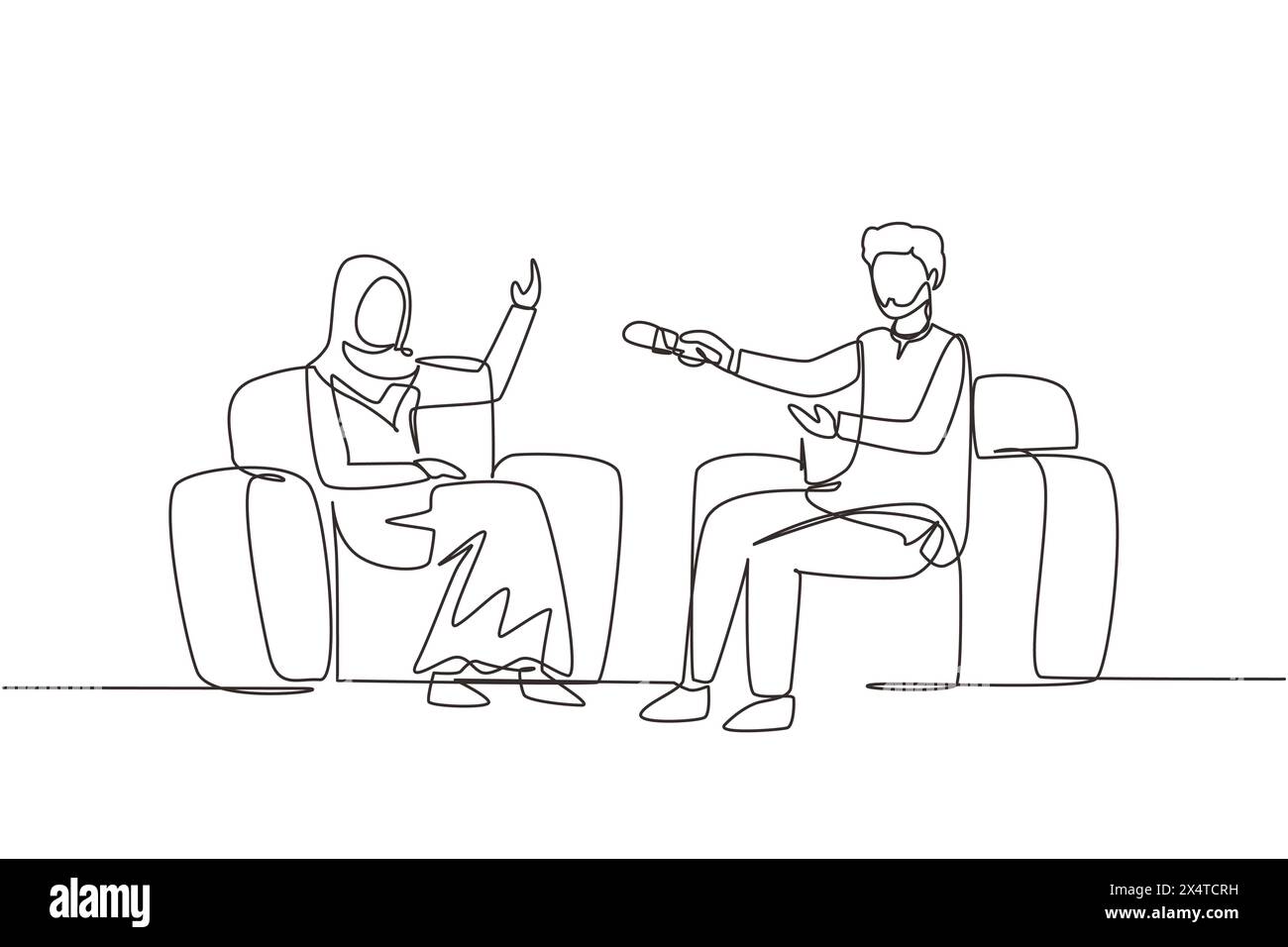 Single one line drawing journalistic interview. Coworker, colleagues ...