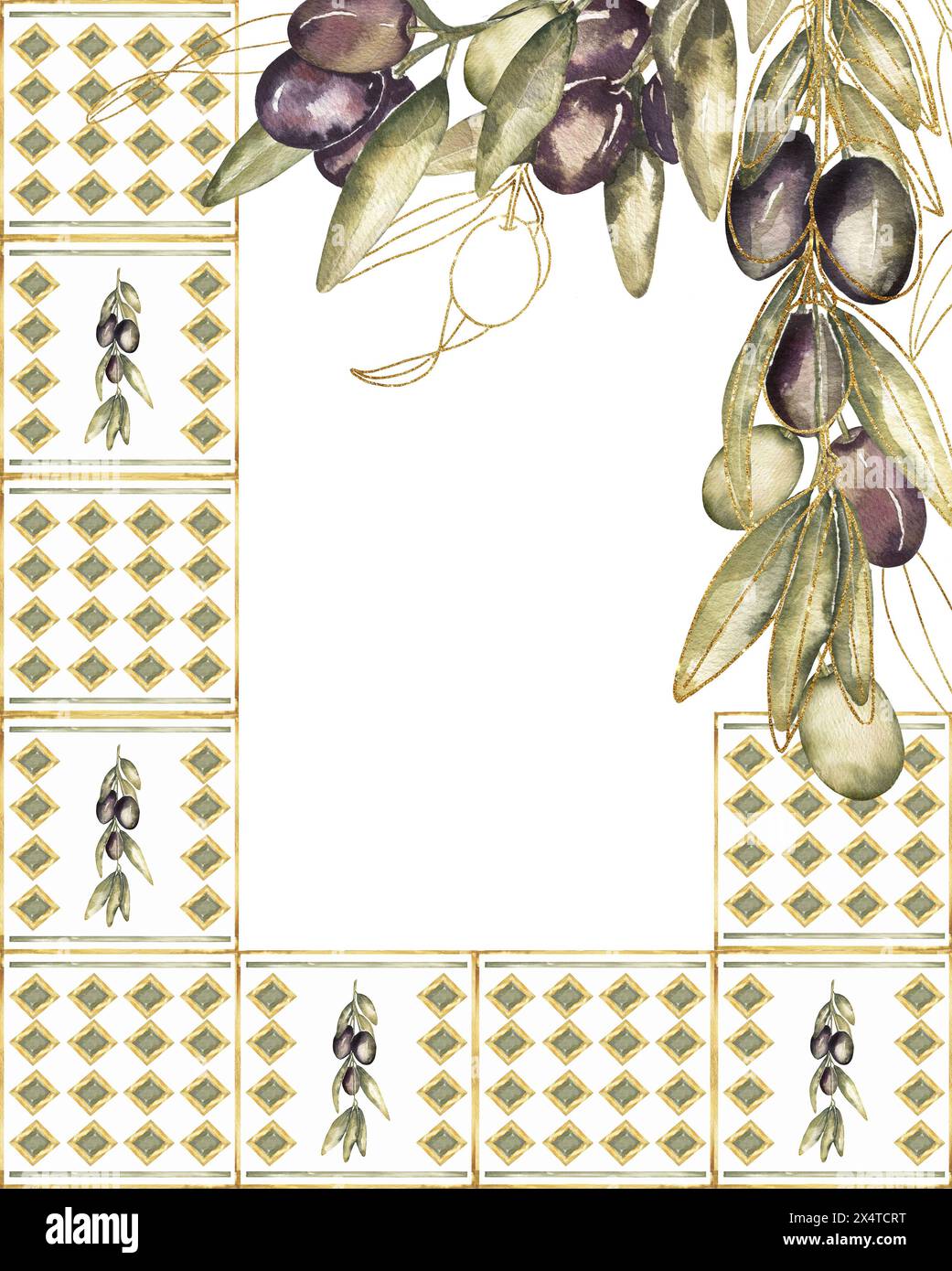 Watercolor tiles frame with olives branch illustration Stock Photo - Alamy
