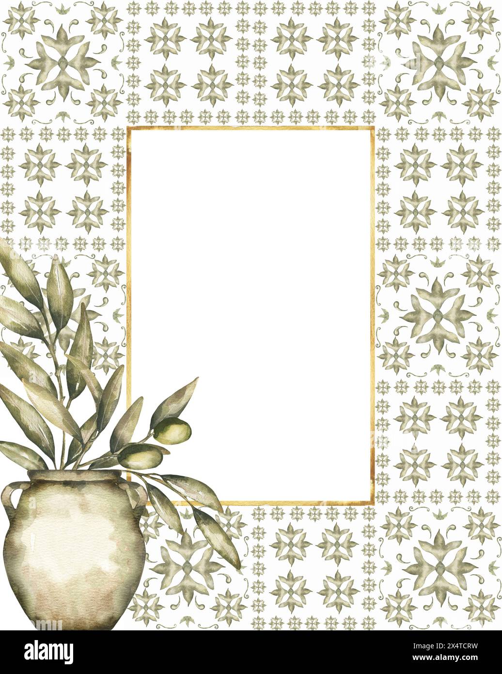 Watercolor tiles frame with olives branch in the jug illustration Stock ...