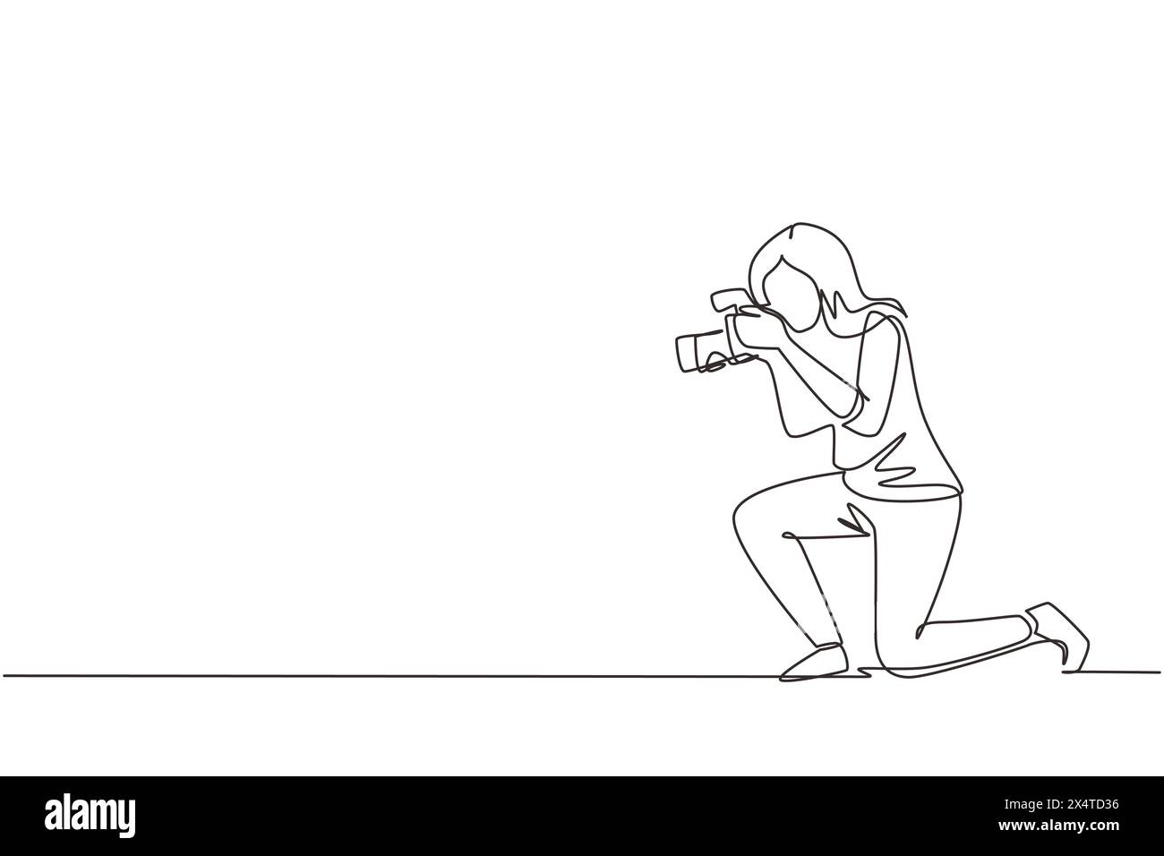 Single one line drawing photographer woman taking pictures. Photo equipment for journalist ...