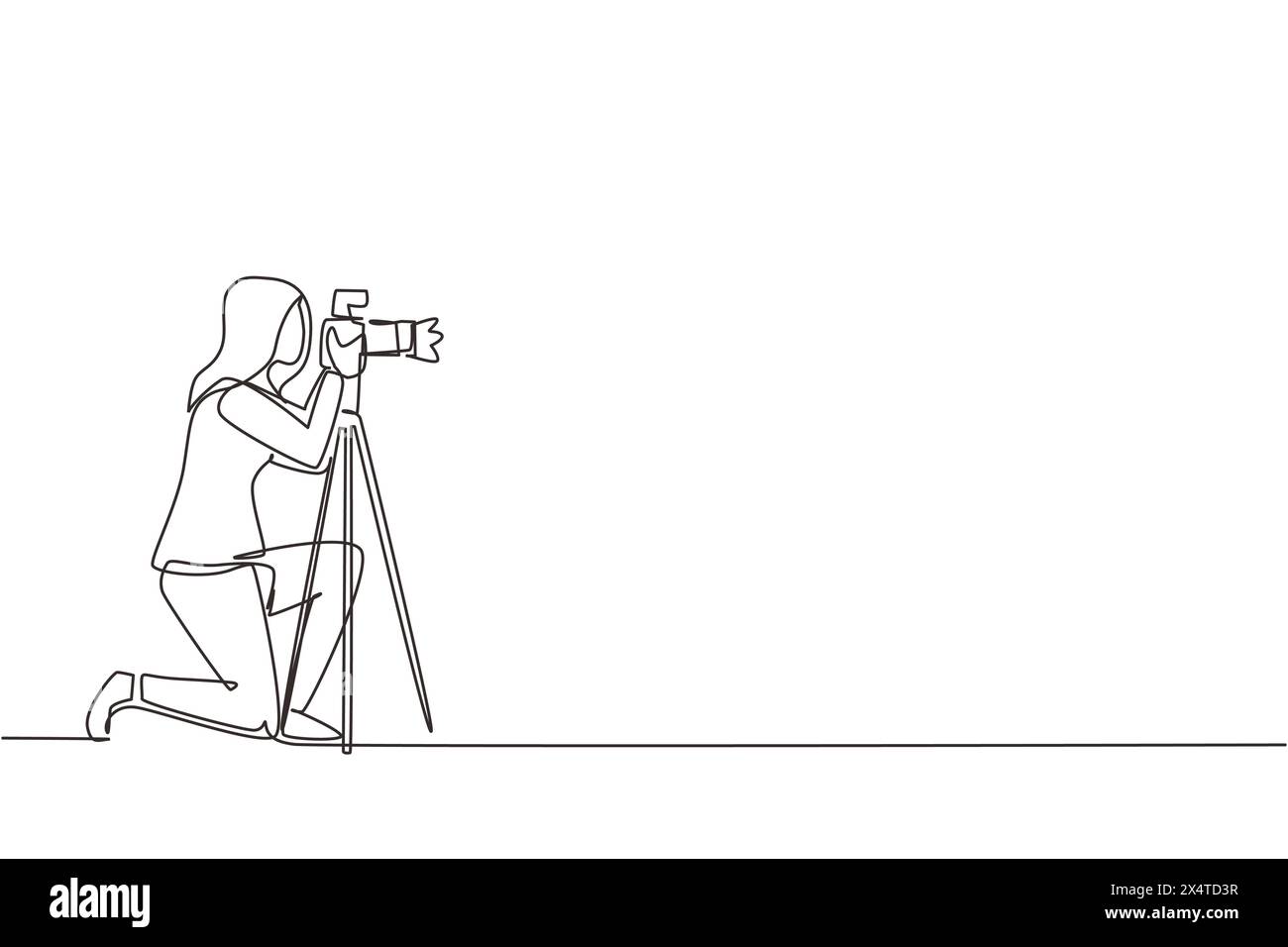 Single continuous line drawing professional photographer woman kneeling ...