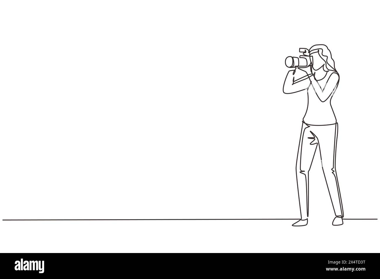 Single continuous line drawing happy professional woman photographer ...