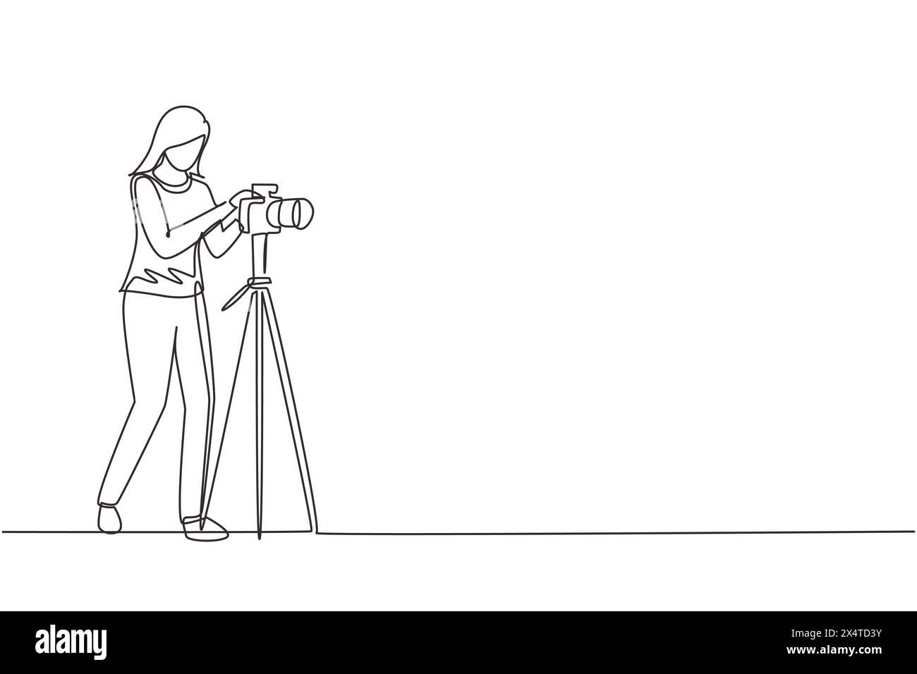 Continuous one line drawing female photographer taking photos using ...