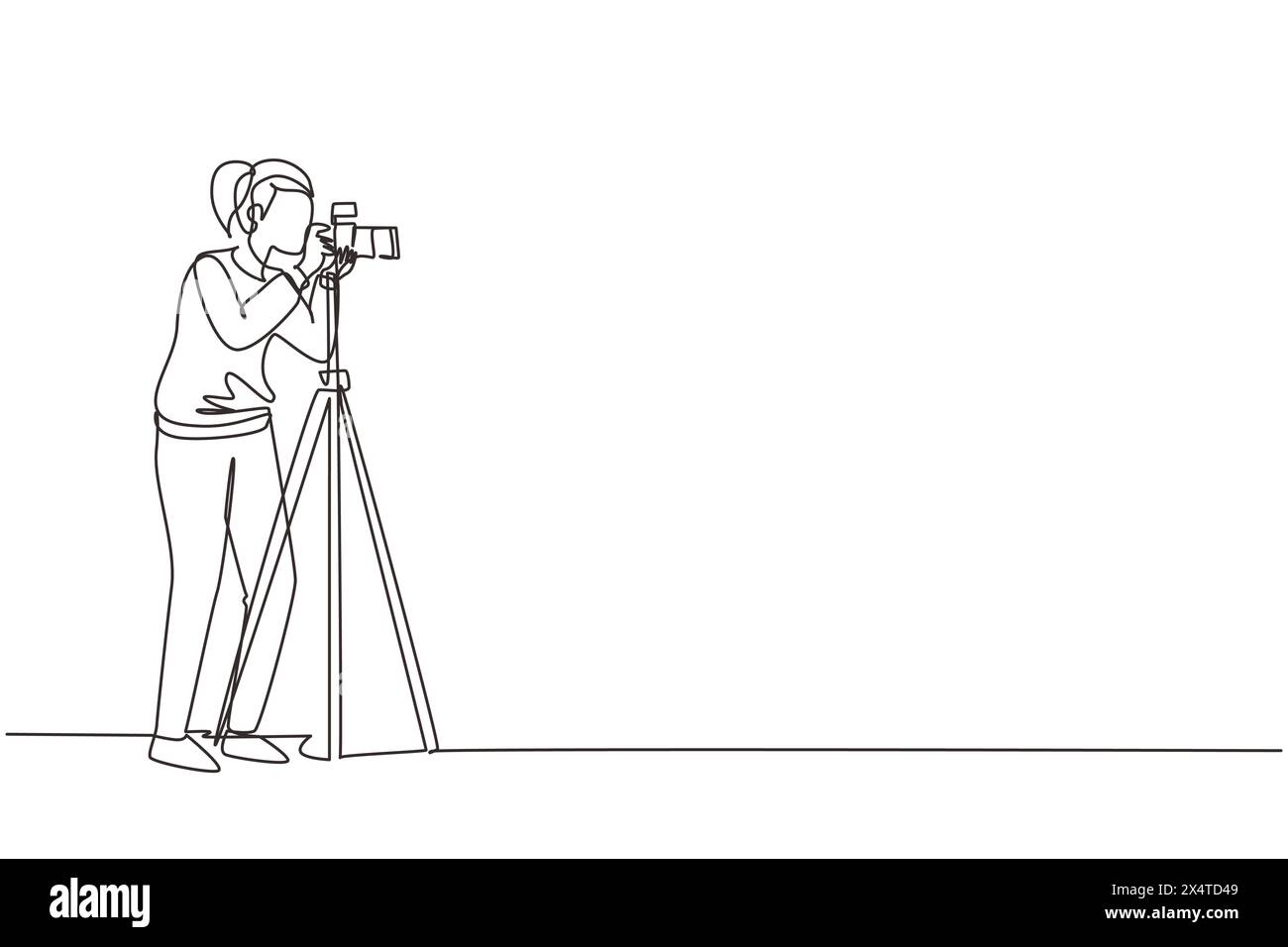 Single one line drawing professional girl photographer with camera pose ...