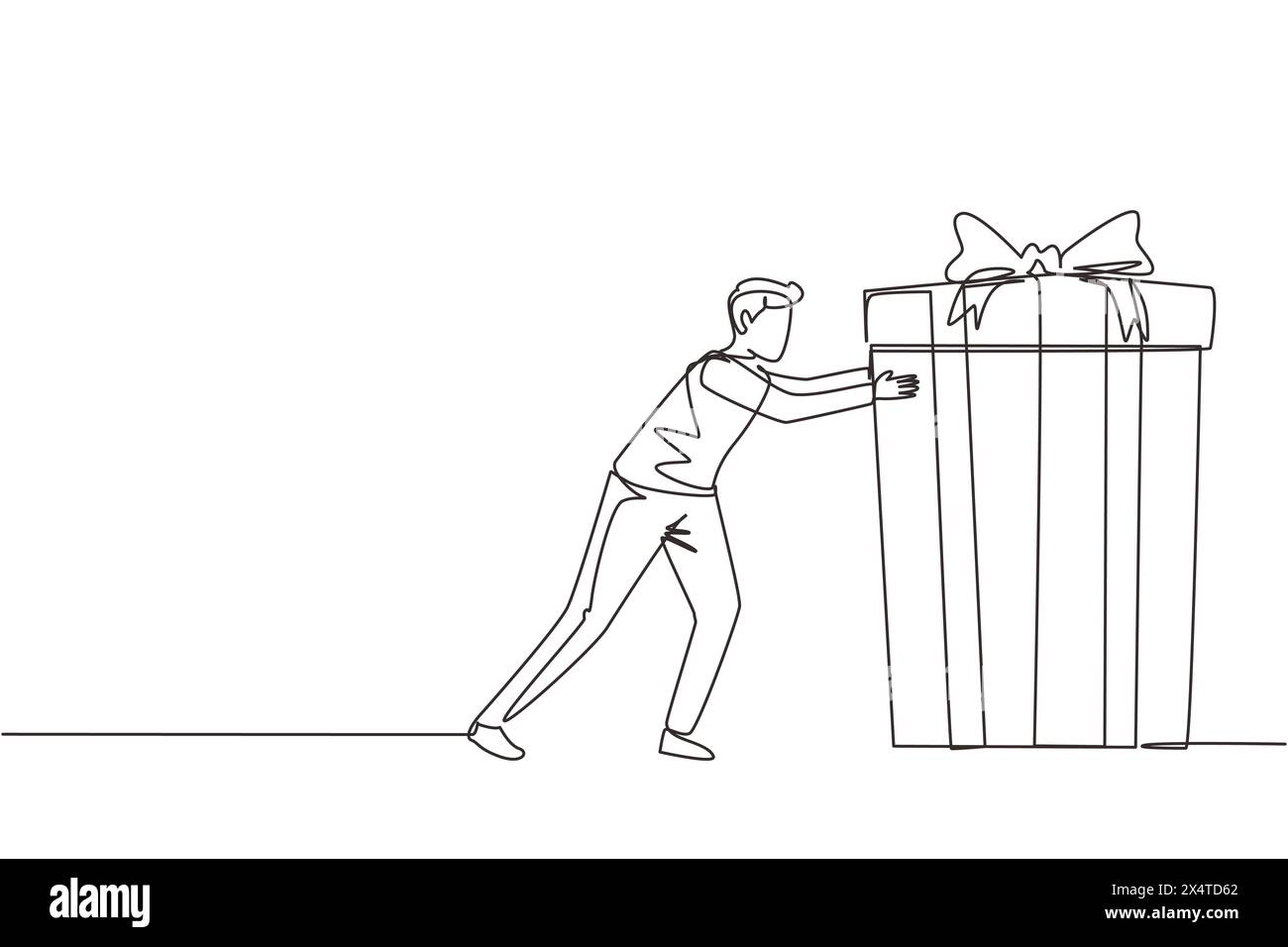 Single continuous line drawing young man pushes in front of him huge ...