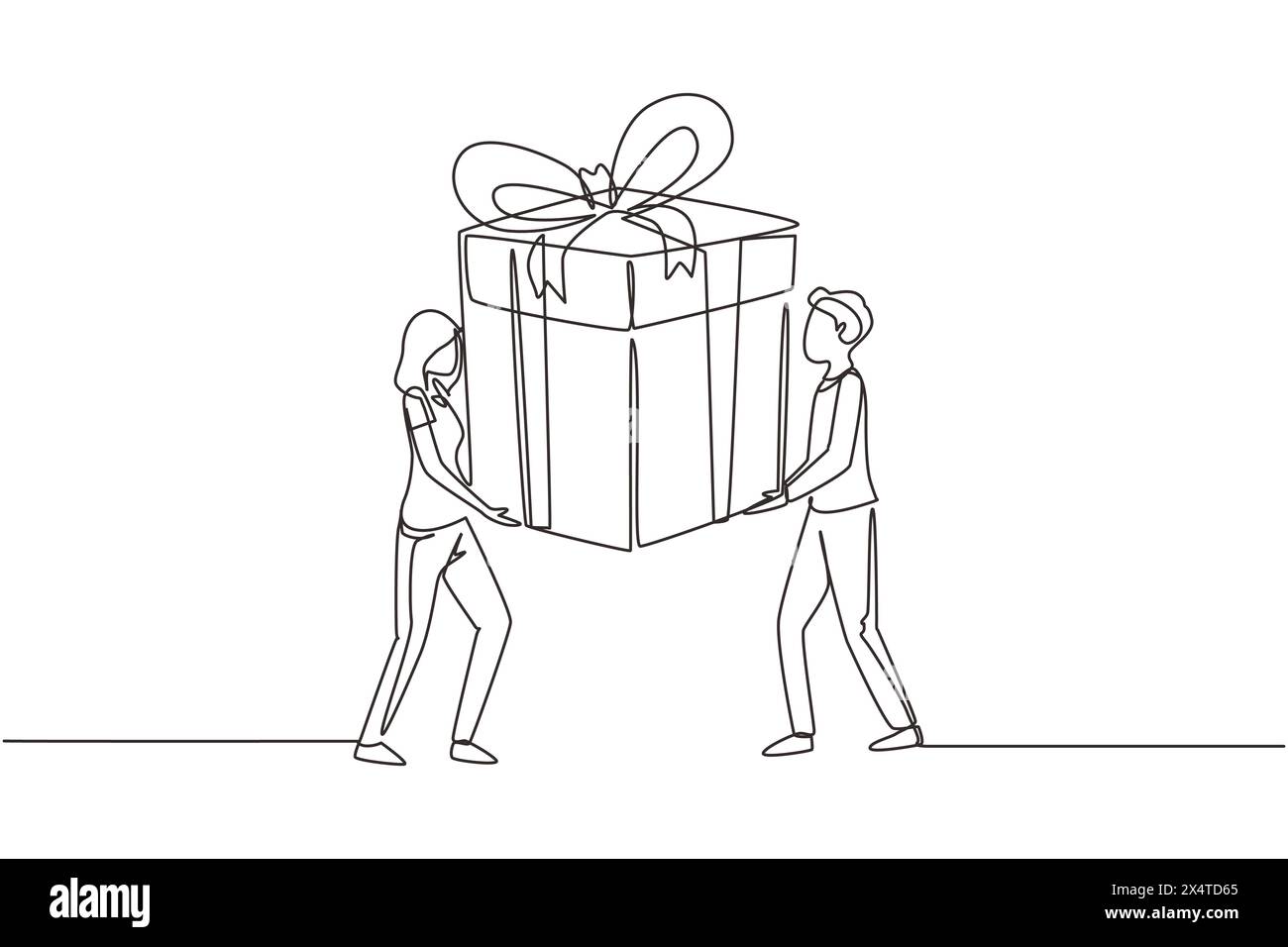Single continuous line drawing happy couple man and woman are carrying ...