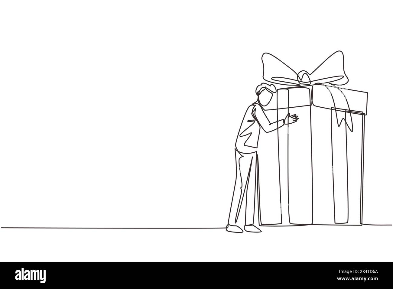 Continuous one line drawing guy hugging huge birthday gift. Young ...