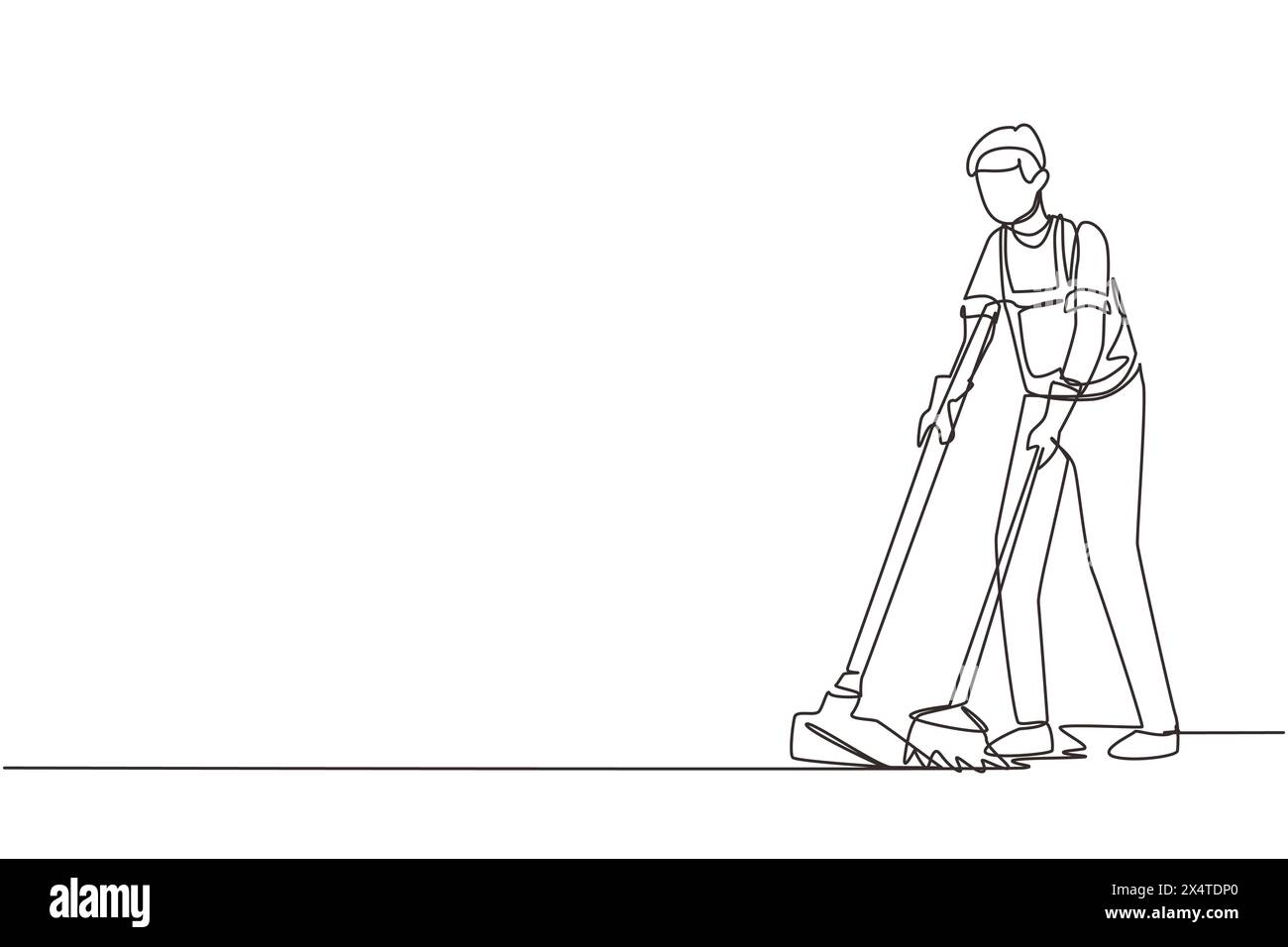Single continuous line drawing housekeeping male worker with broom and ...