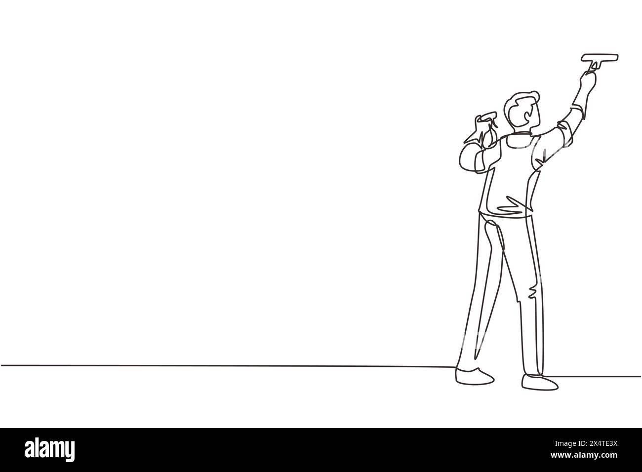 Continuous one line drawing man janitors cleaners cleaning windows with ...