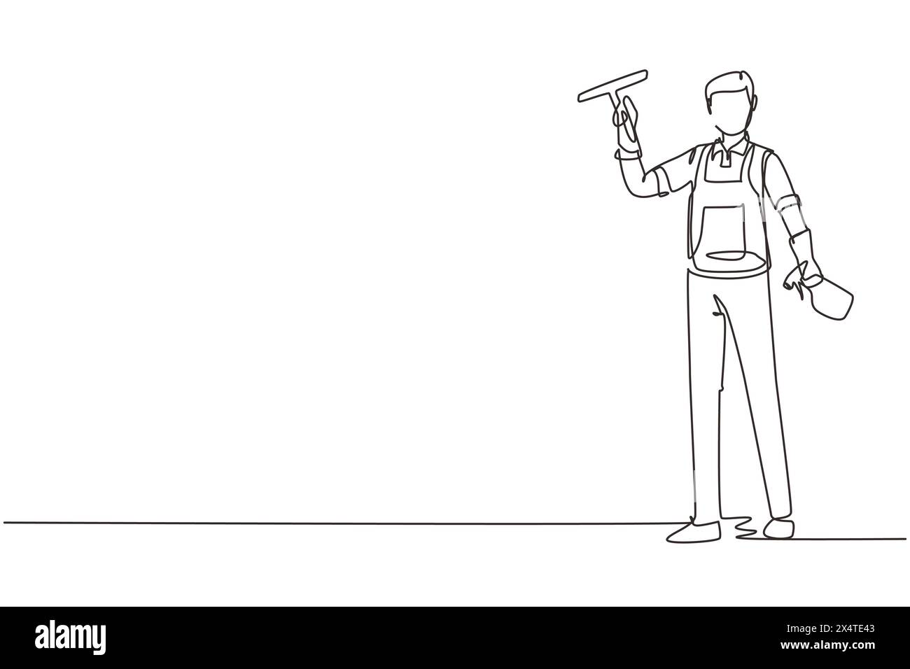 Single one line drawing smiling cleaning staff member is wiping the ...