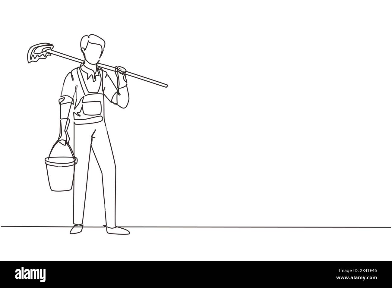 Single continuous line drawing man mopping floor, male cleaner janitor ...