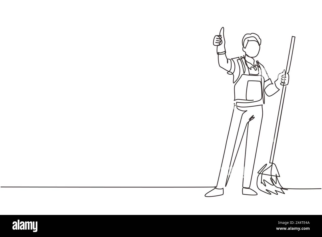 Single continuous line drawing smiling male cleaning company staff ...