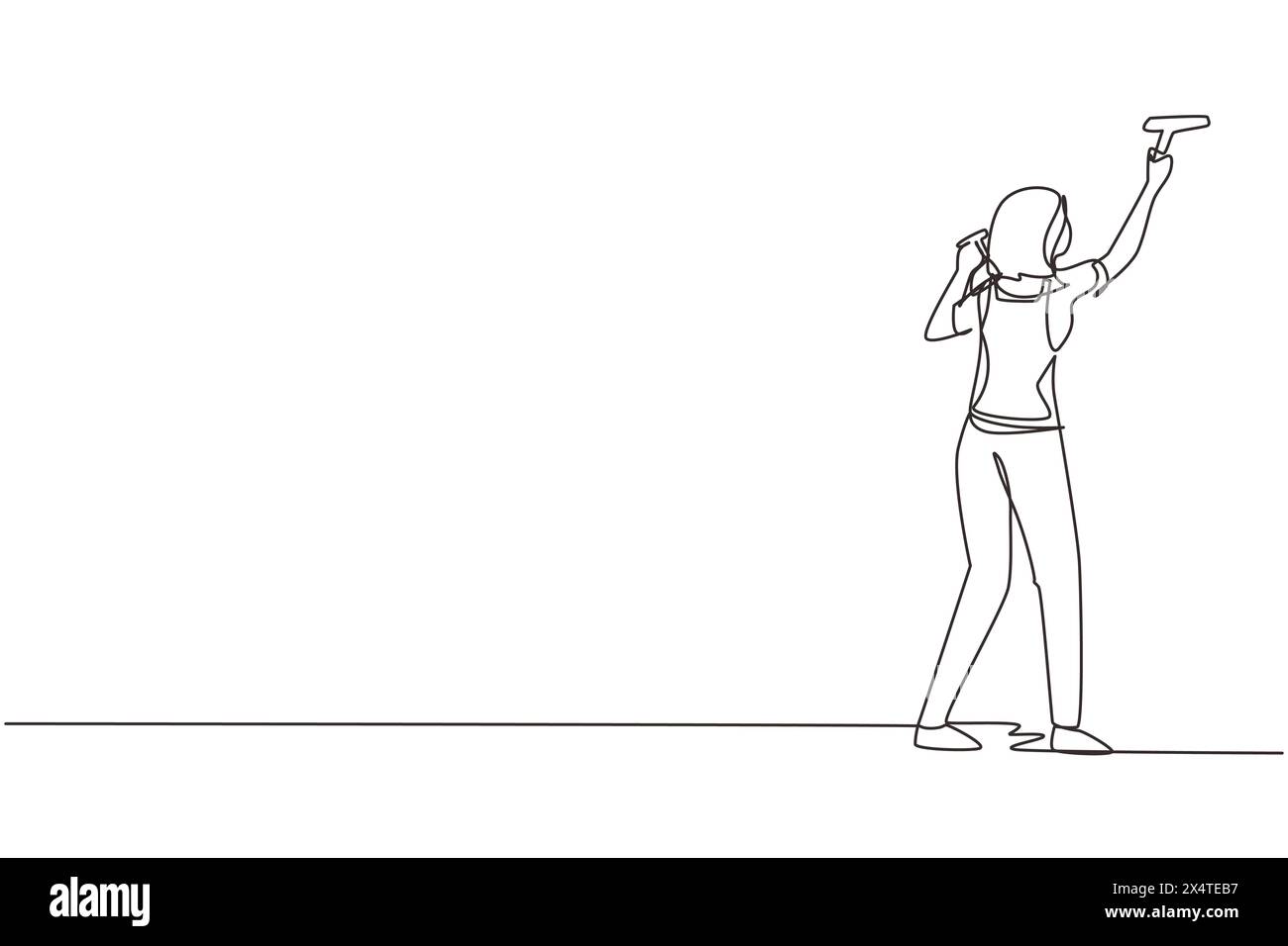 Single continuous line drawing woman janitors cleaners cleaning windows ...