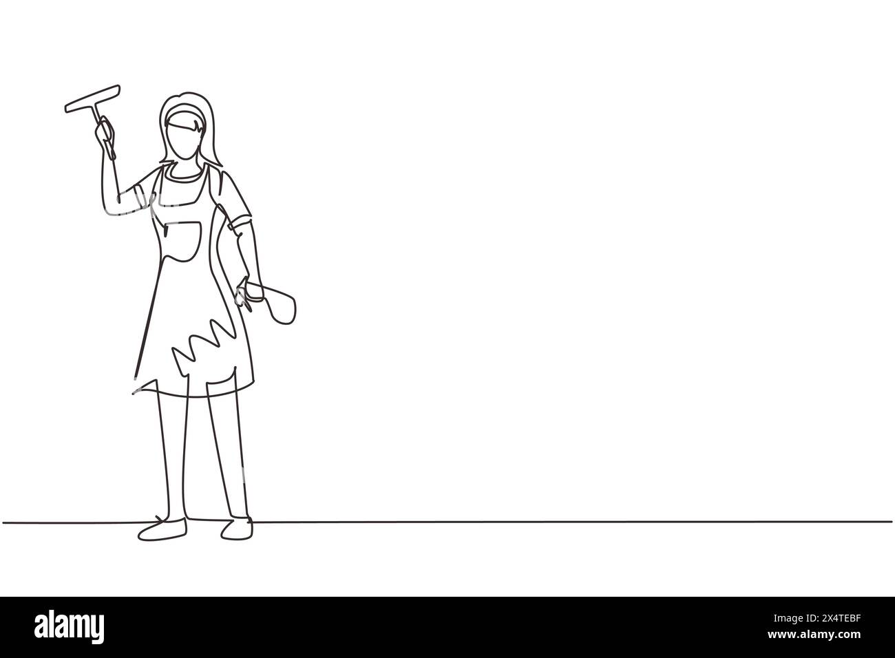 Continuous one line drawing smiling cleaning staff member is wiping the ...