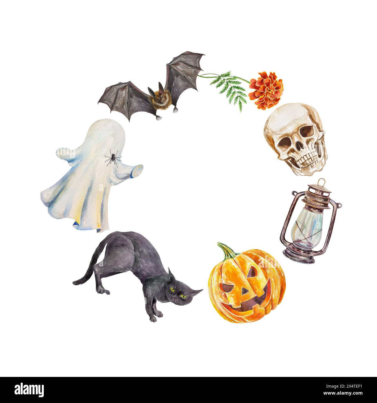 Halloween pumpkin, skull, black cat, ghost, bat, lamp. Round frame ...