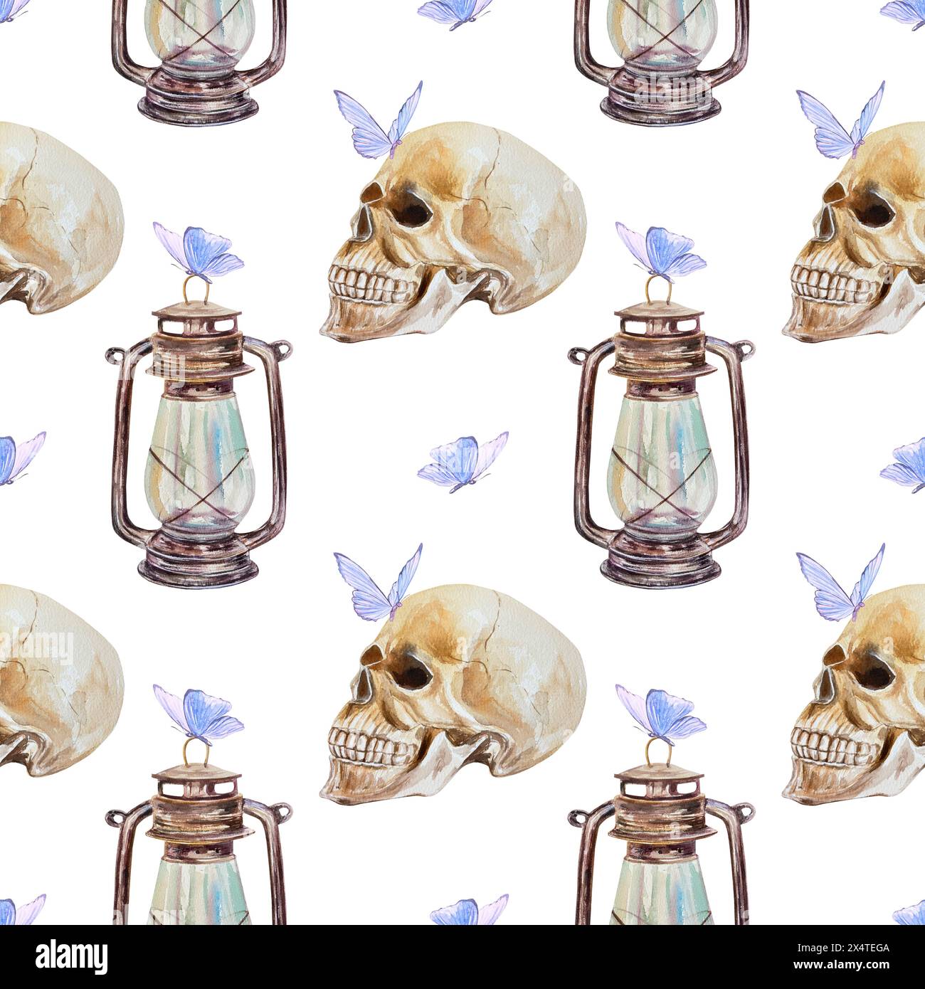Human skull, antique lamp, moths. Seamless pattern. Hand drawn ...
