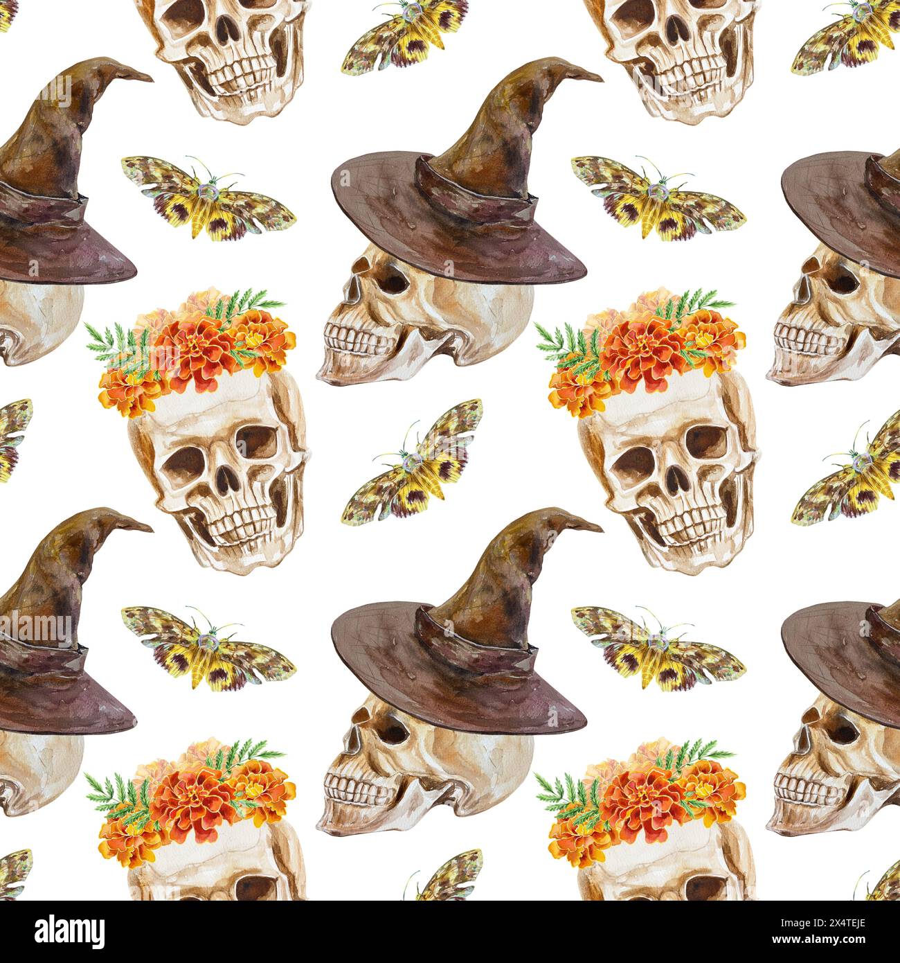A human skull in a witch hat and a wreath of marigolds, moths. Seamless ...