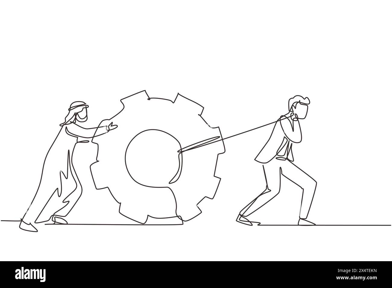 Single continuous line drawing Arabian business men pulling large gear ...