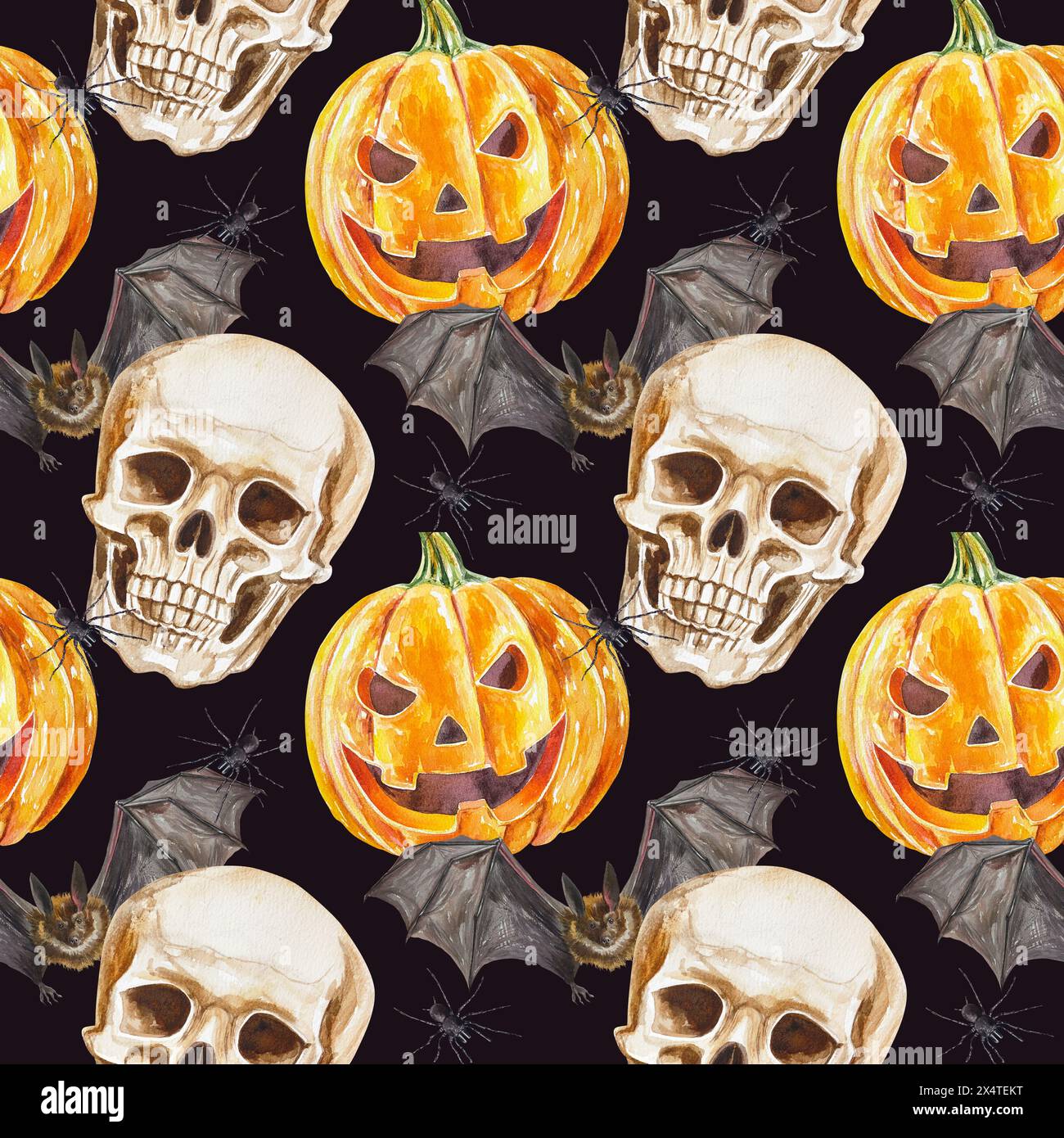 Halloween pumpkin, human skull, bat, spider. Seamless pattern. Hand ...