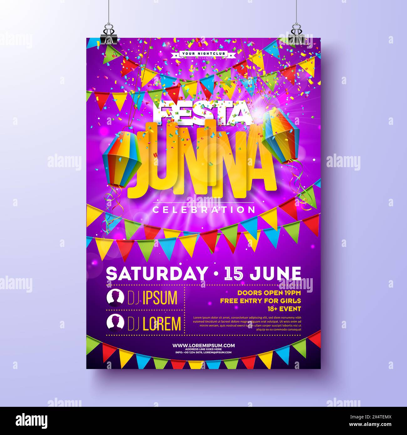 Festa Junina Party Flyer Design with Colorful Flags, Paper Lantern and ...