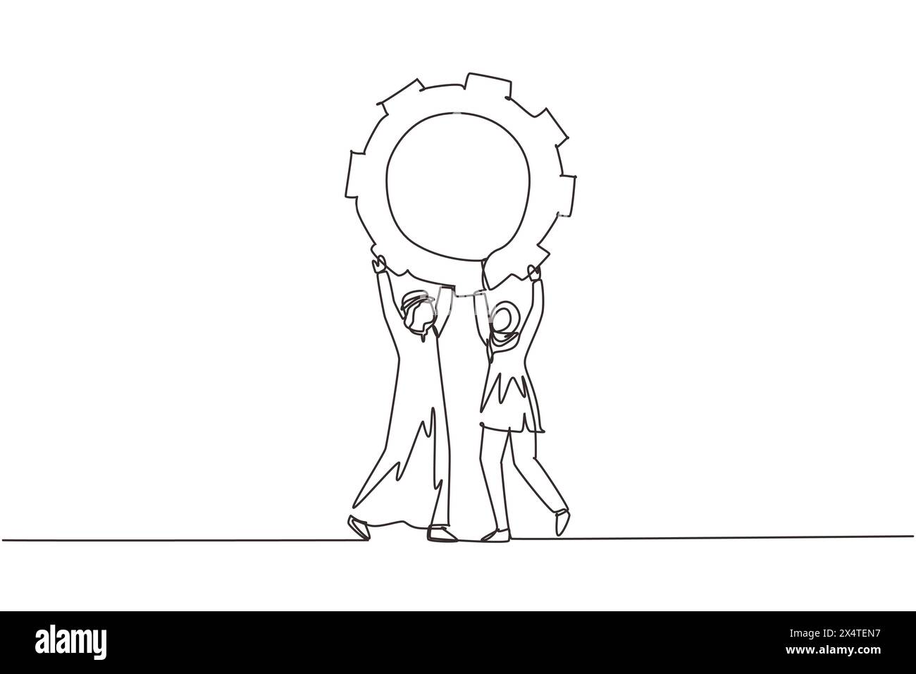 Single one line drawing collaboration. Arabian man woman lifting gears ...