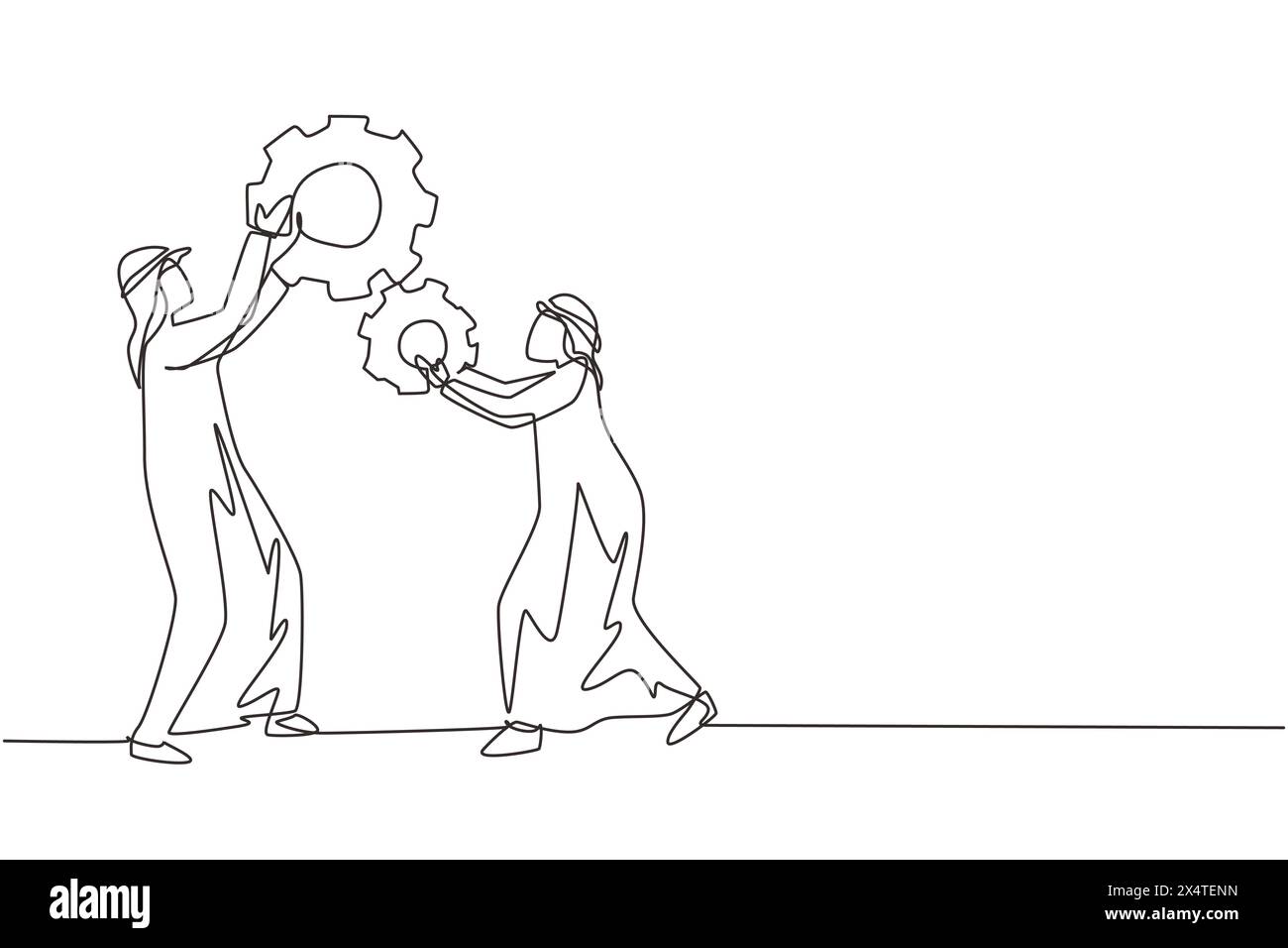 Single continuous line drawing team of business tech people hold up ...