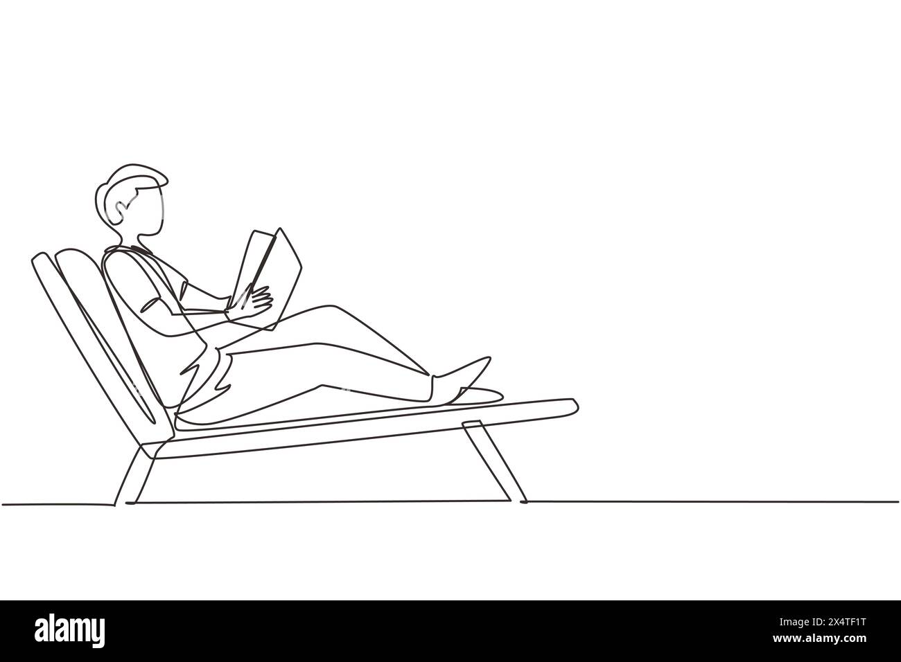 Single one line drawing reclined man reading book in lounge chair ...
