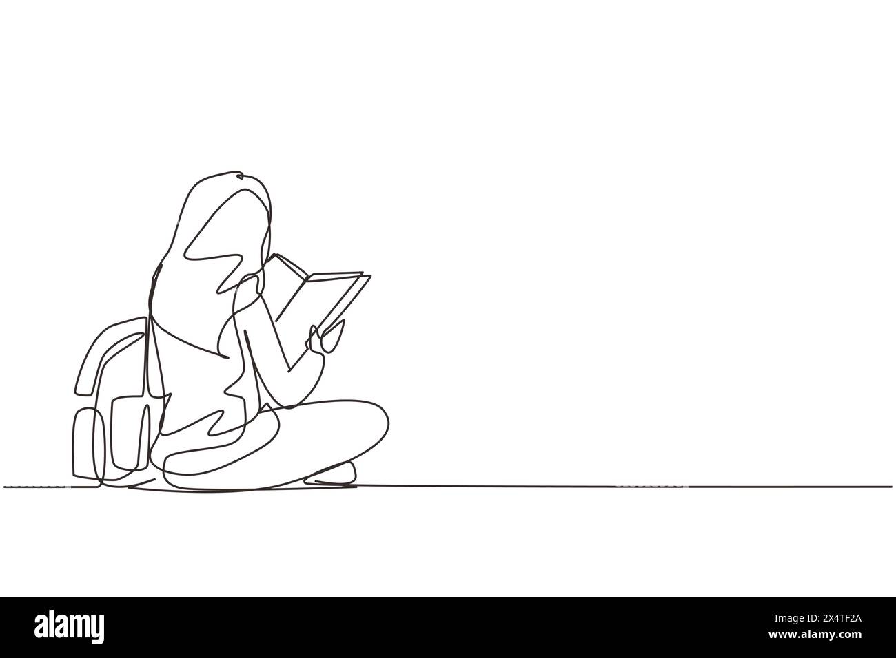 Single continuous line drawing education. Back view woman sitting on ...