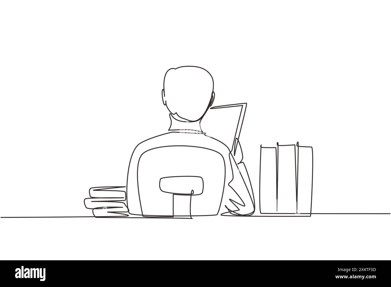 Continuous one line drawing back view of young man sitting at desk and ...