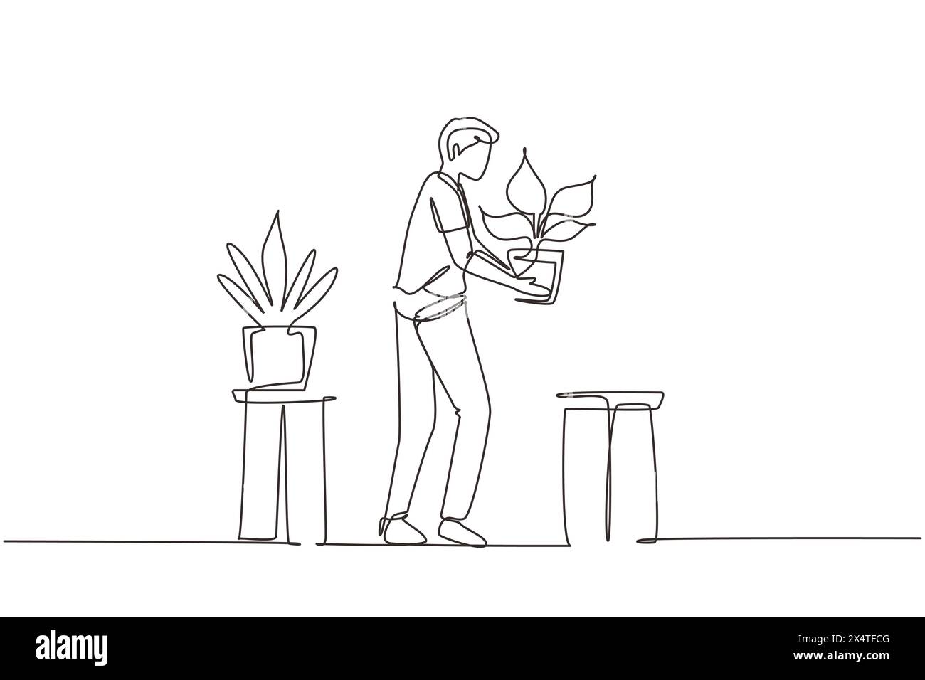Single continuous line drawing male put green plants in greenhouse home ...