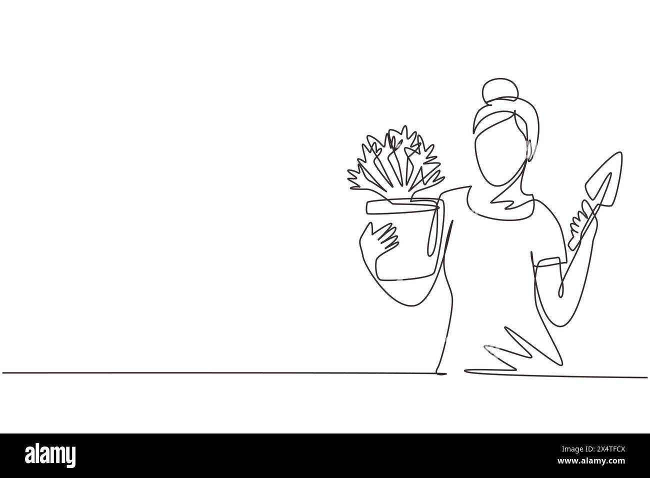 Single continuous line drawing young woman gardener. Beautiful lady ...