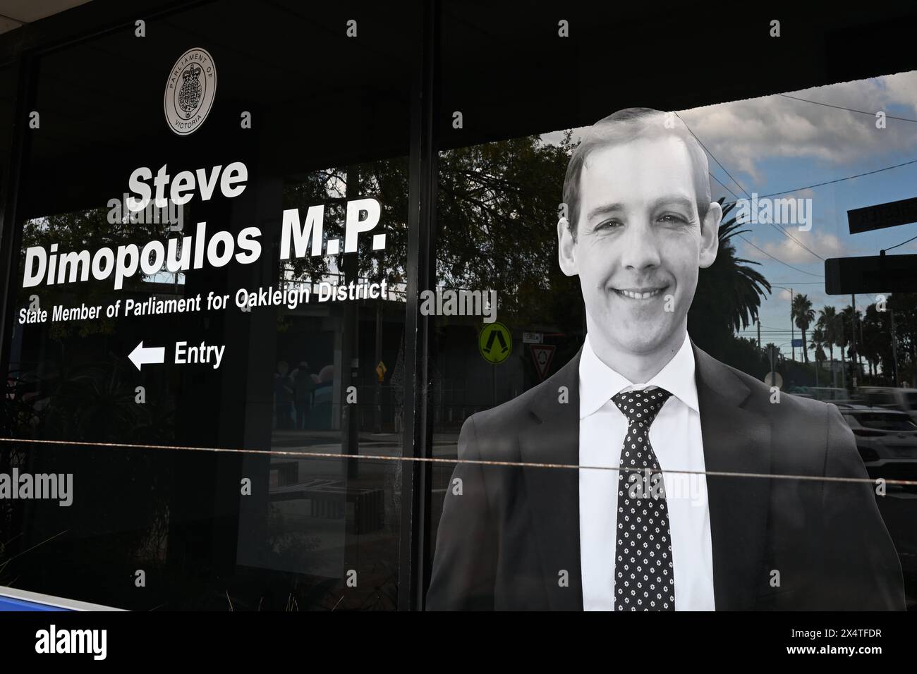 Window of state Labor politician Steve Dimopoulos MP's electorate office, featuring a photo of ...