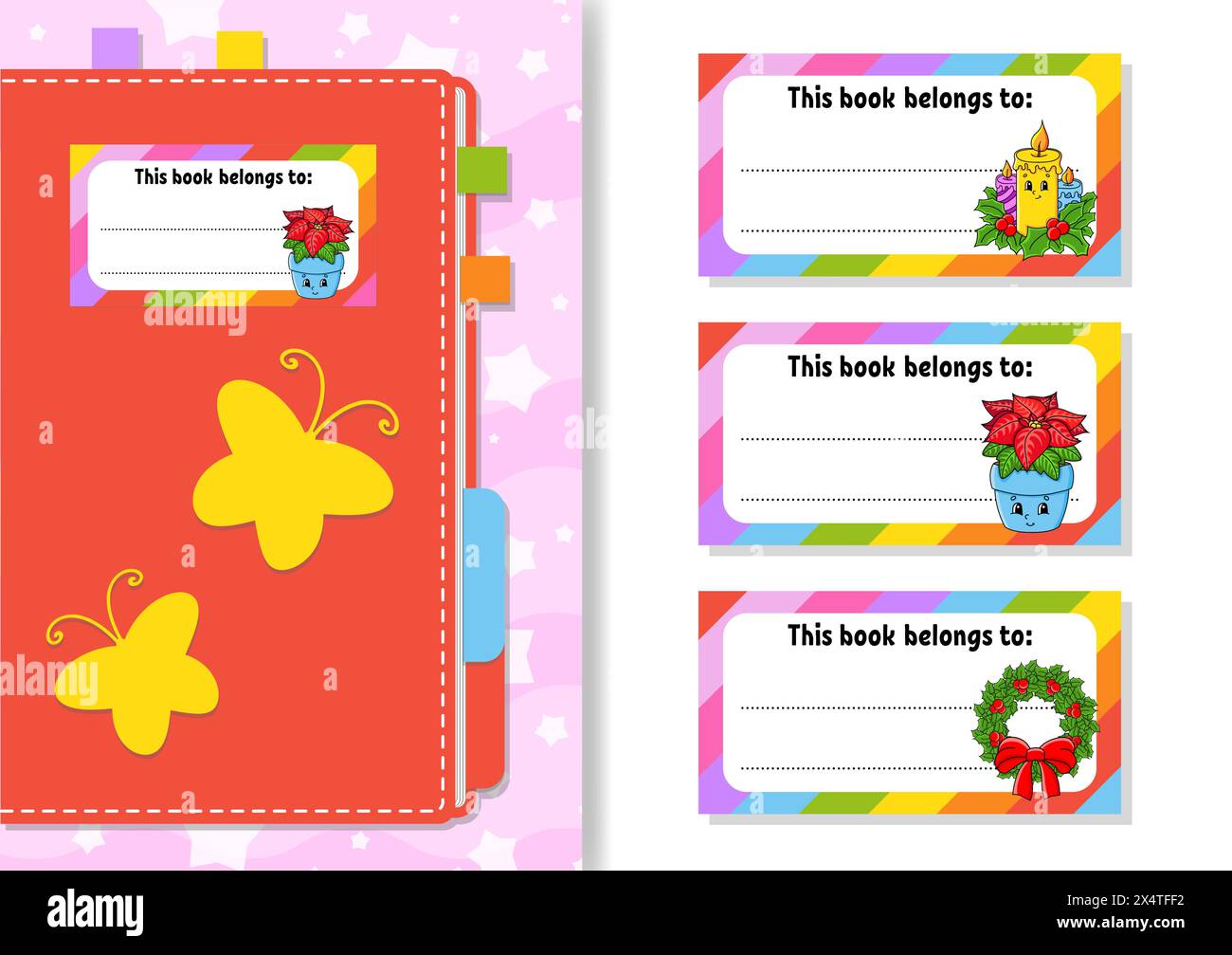 Book label stickers for kids. The rectangular shape. Cartoon character ...
