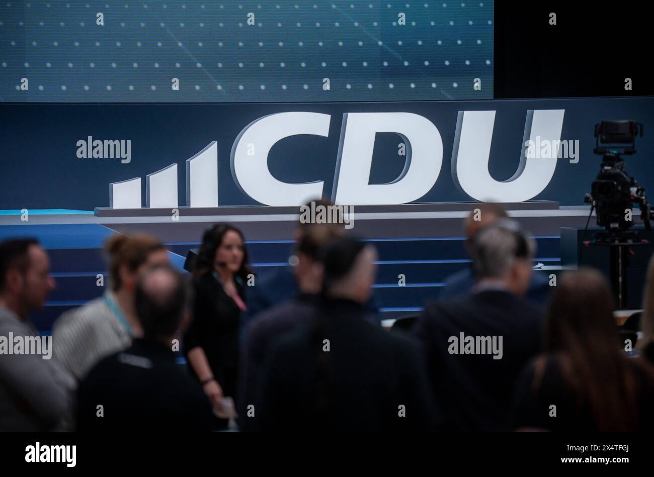 Berlin, Germany. 05th May, 2024. The CDU logo is set up in the hall for ...