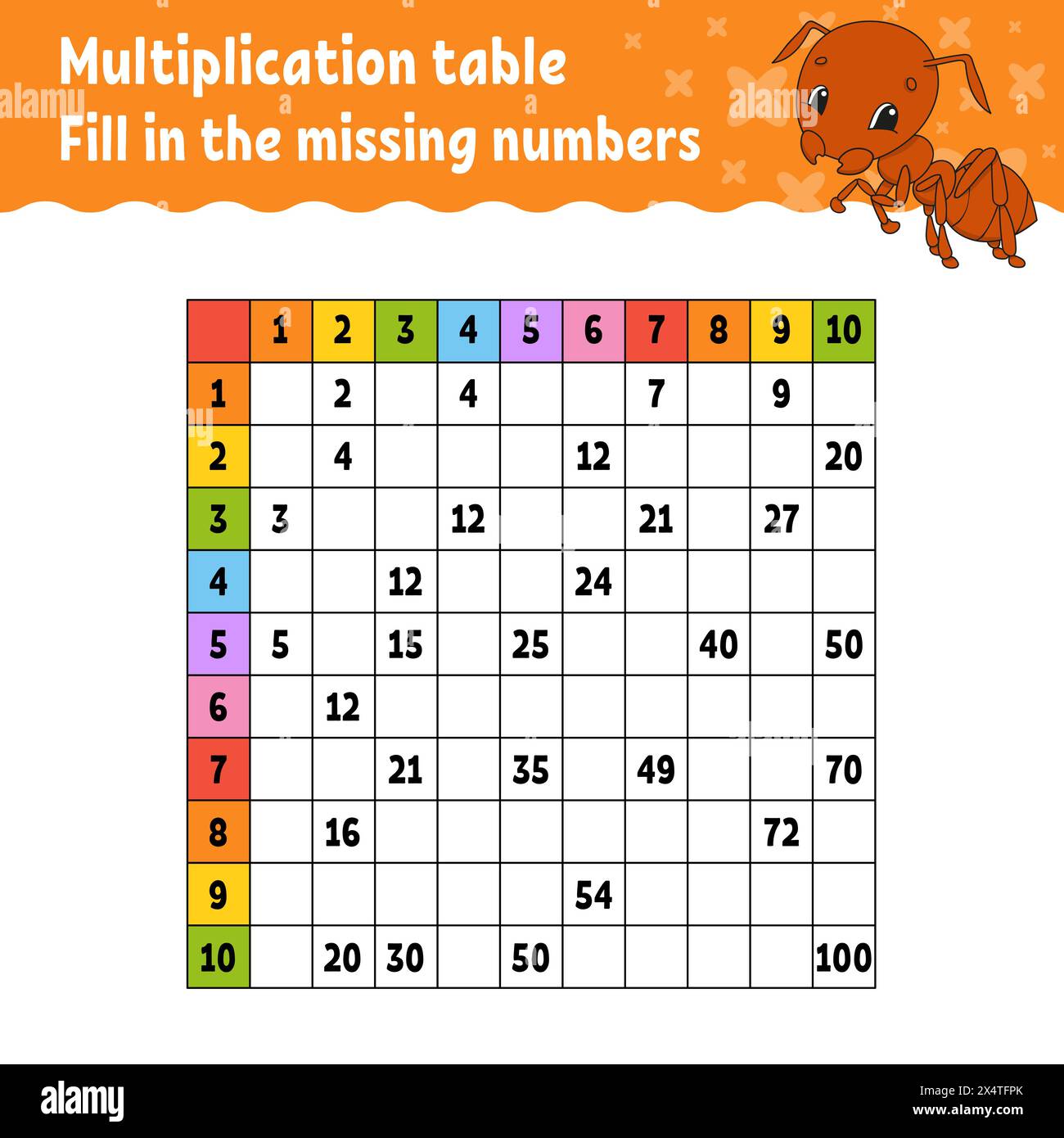 Paste the missing numbers. Learning multiplication table. Handwriting ...