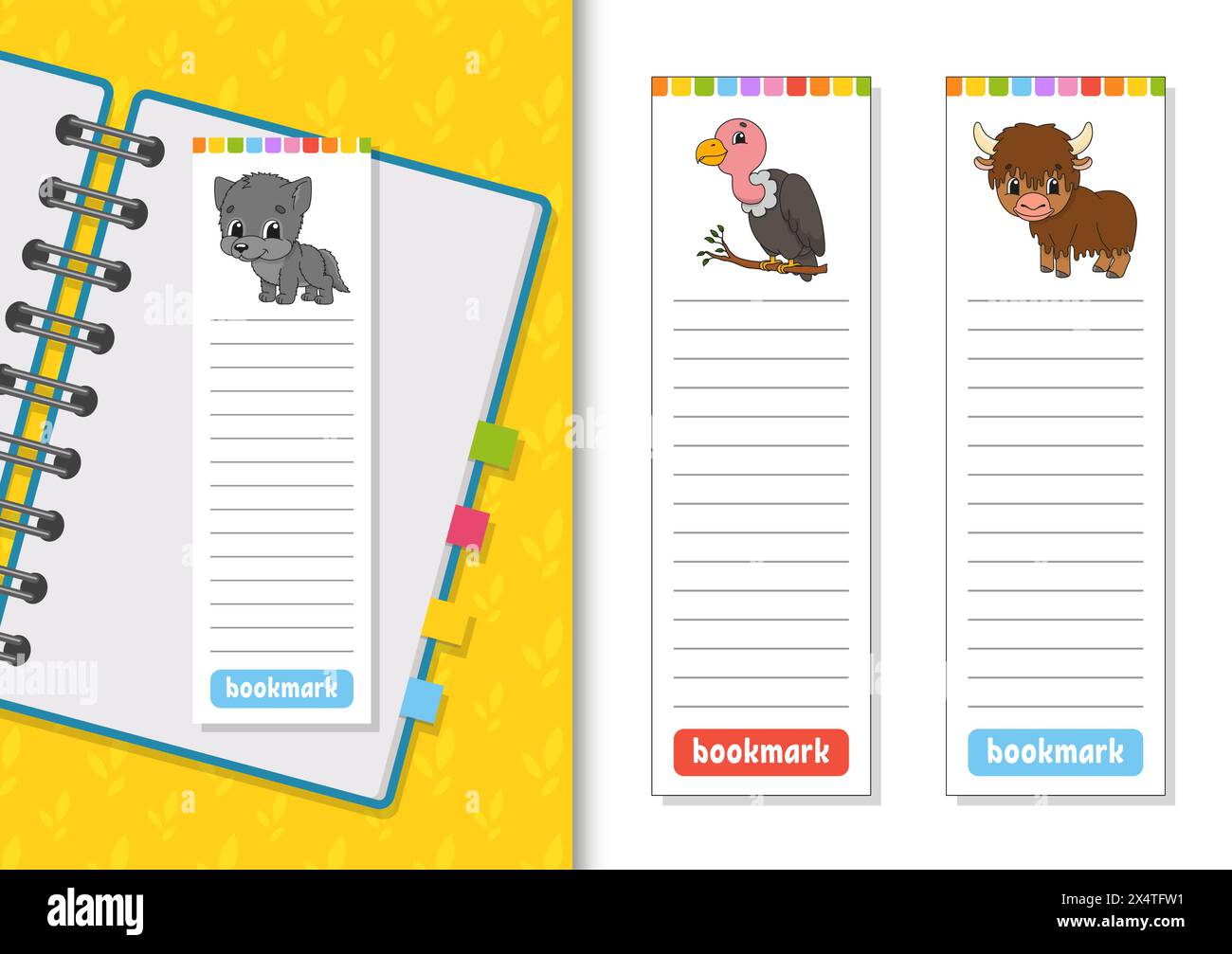 Set of paper bookmarks for books with cute cartoon characters. For kids ...