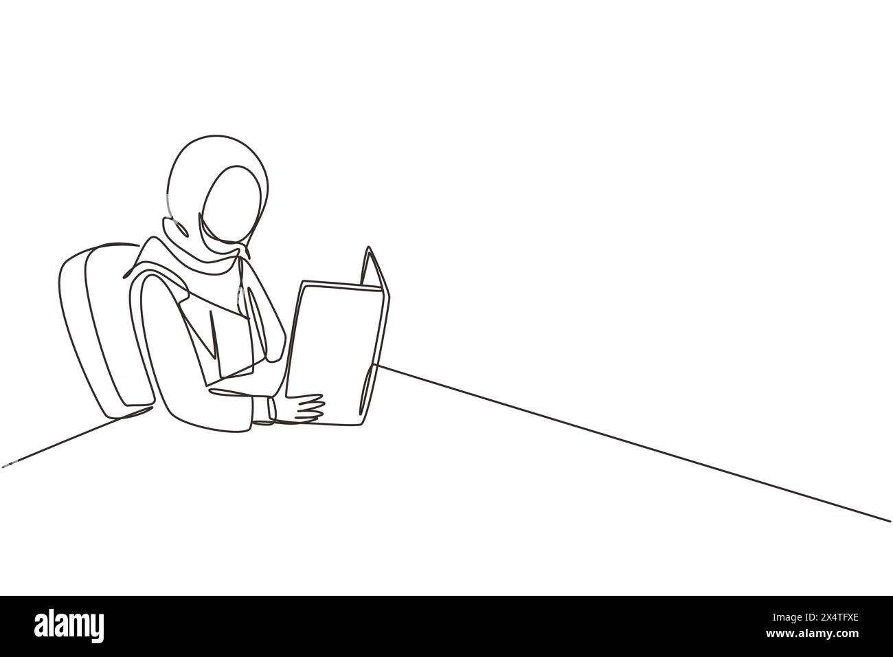 Continuous one line drawing Arabian girl student sitting at table and ...