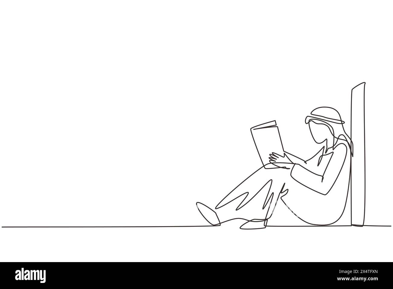 Single continuous line drawing young Arab man sit on floor, reclined on ...