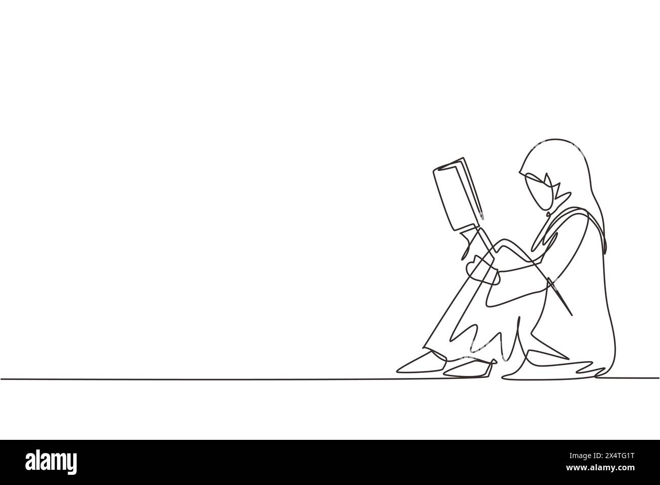 Single continuous line drawing young Arabian woman sitting on floor ...