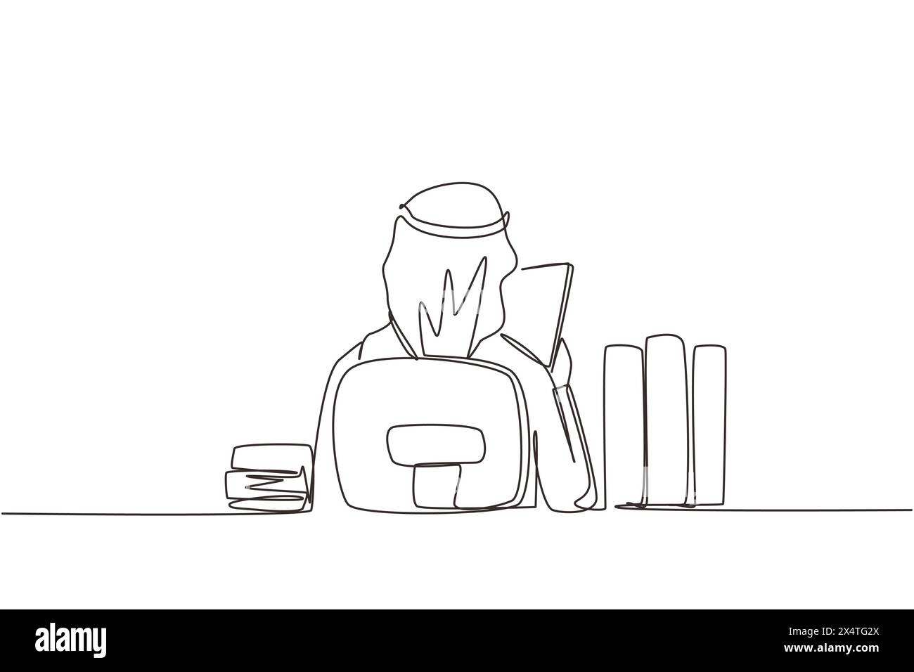 Single continuous line drawing back view of young Arabic man sitting at ...