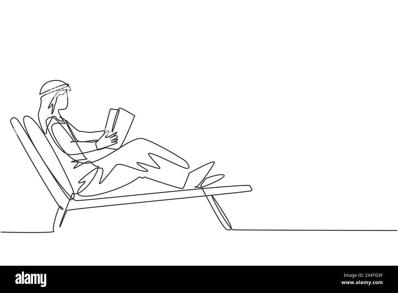 Single one line drawing reclined Arabian man reading book in lounge ...