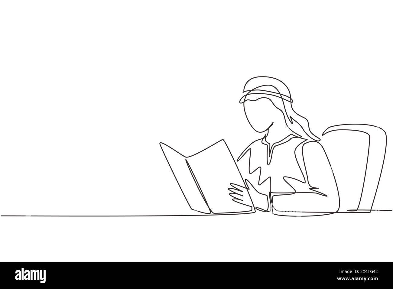 Single continuous line drawing Arab student sitting at table, holding ...