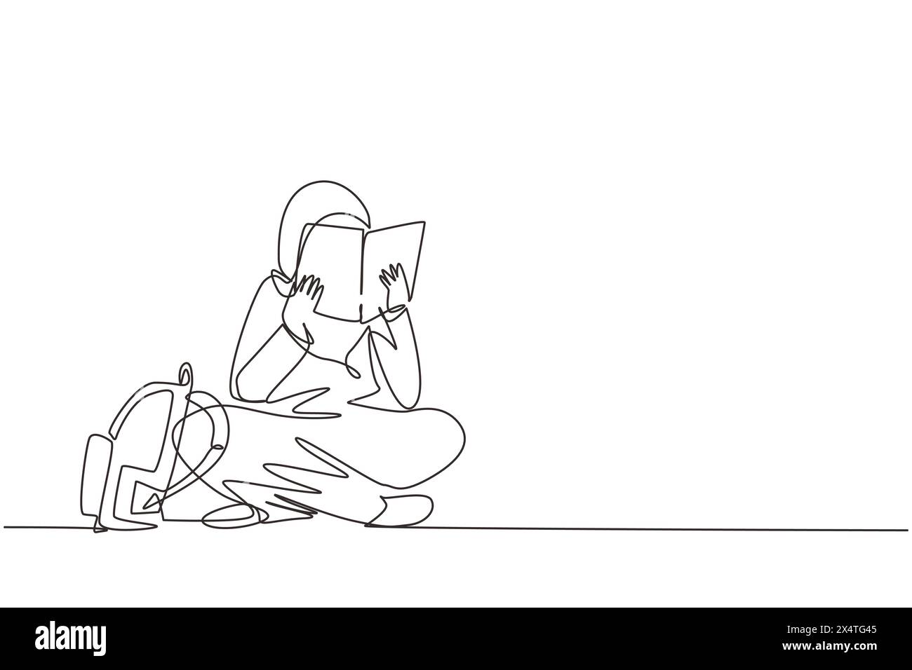 Single one line drawing happy young Arab woman reading book sitting on ...