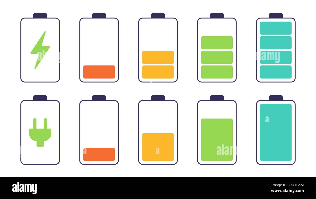 Collection of different battery charge Indicators on a white background ...