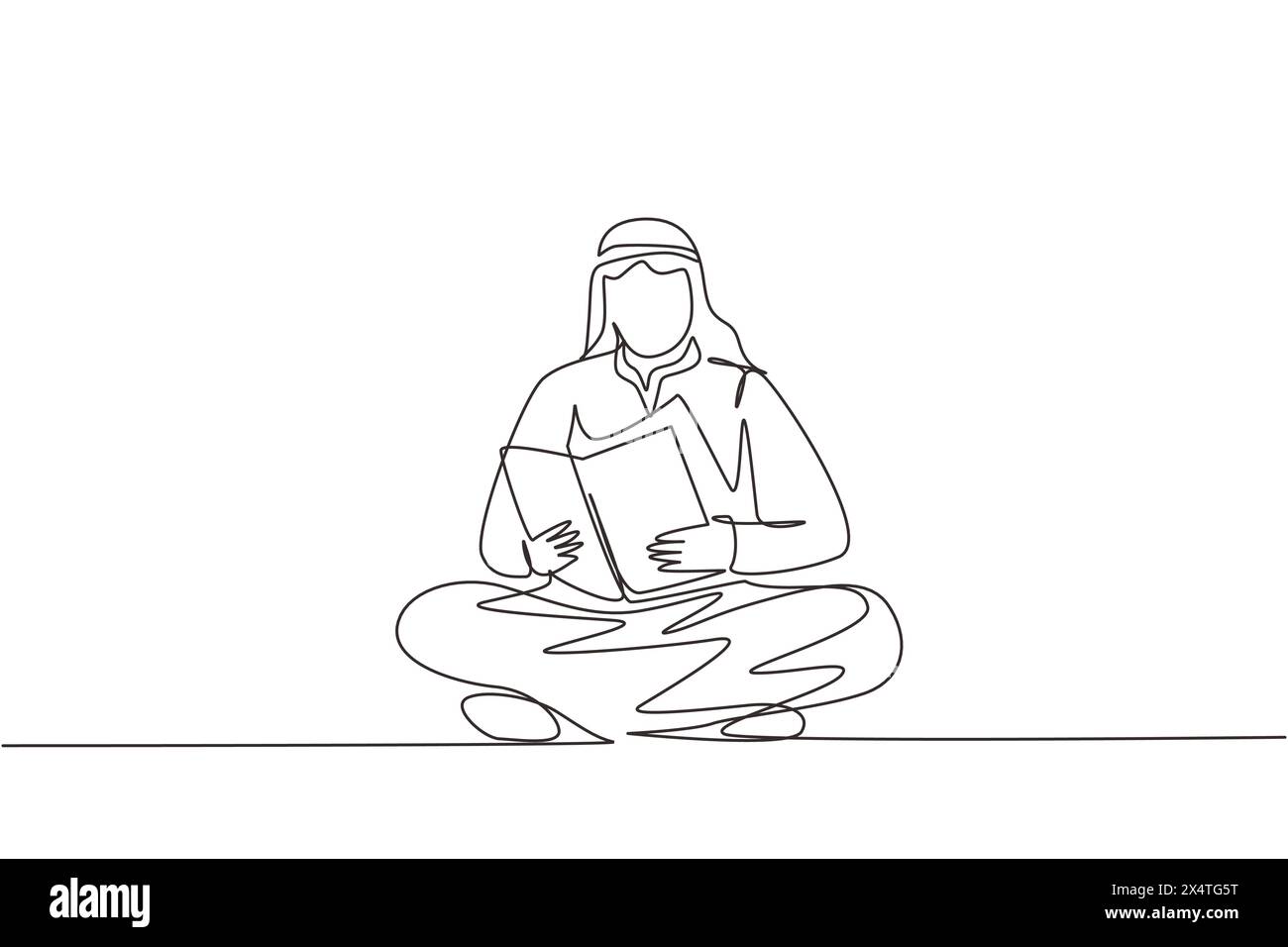 Continuous one line drawing Arab man is sitting on floor reading book ...